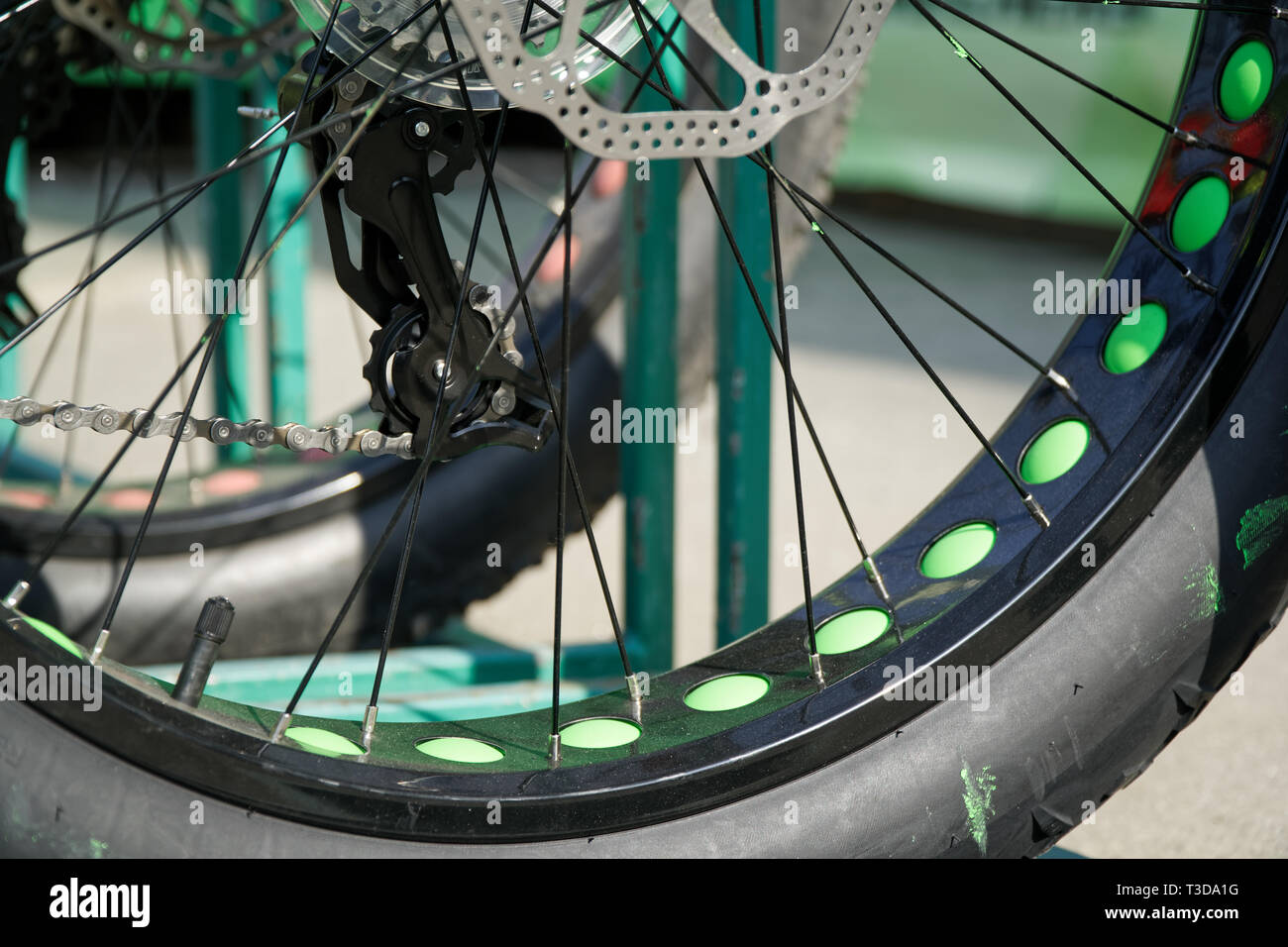 bicycle tires and Bicycle wheel in a row close-up wheel detail, bicycle ...