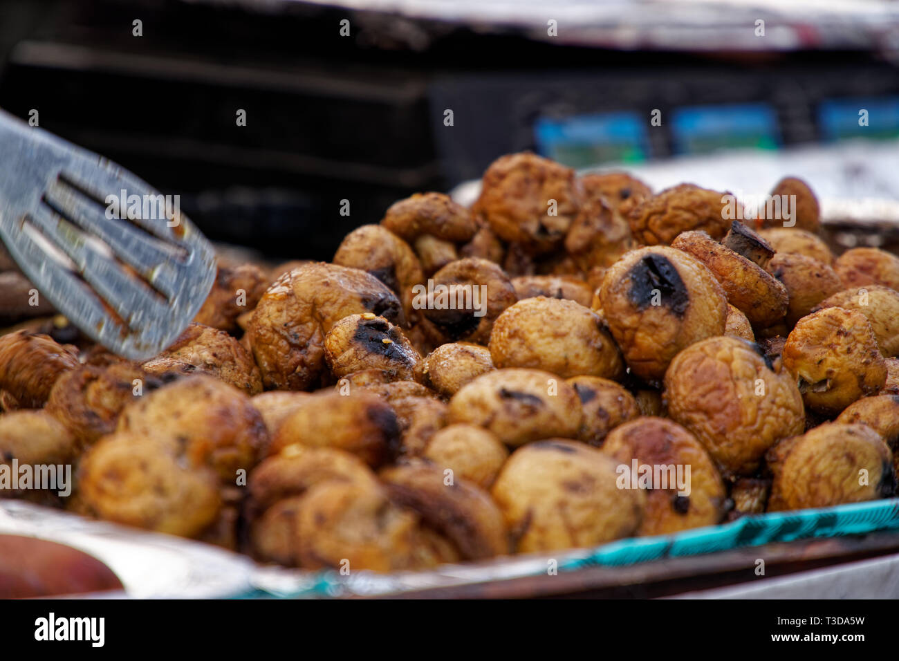 Fried meat ball, delicious meat cutlets on table, street food Stock ...