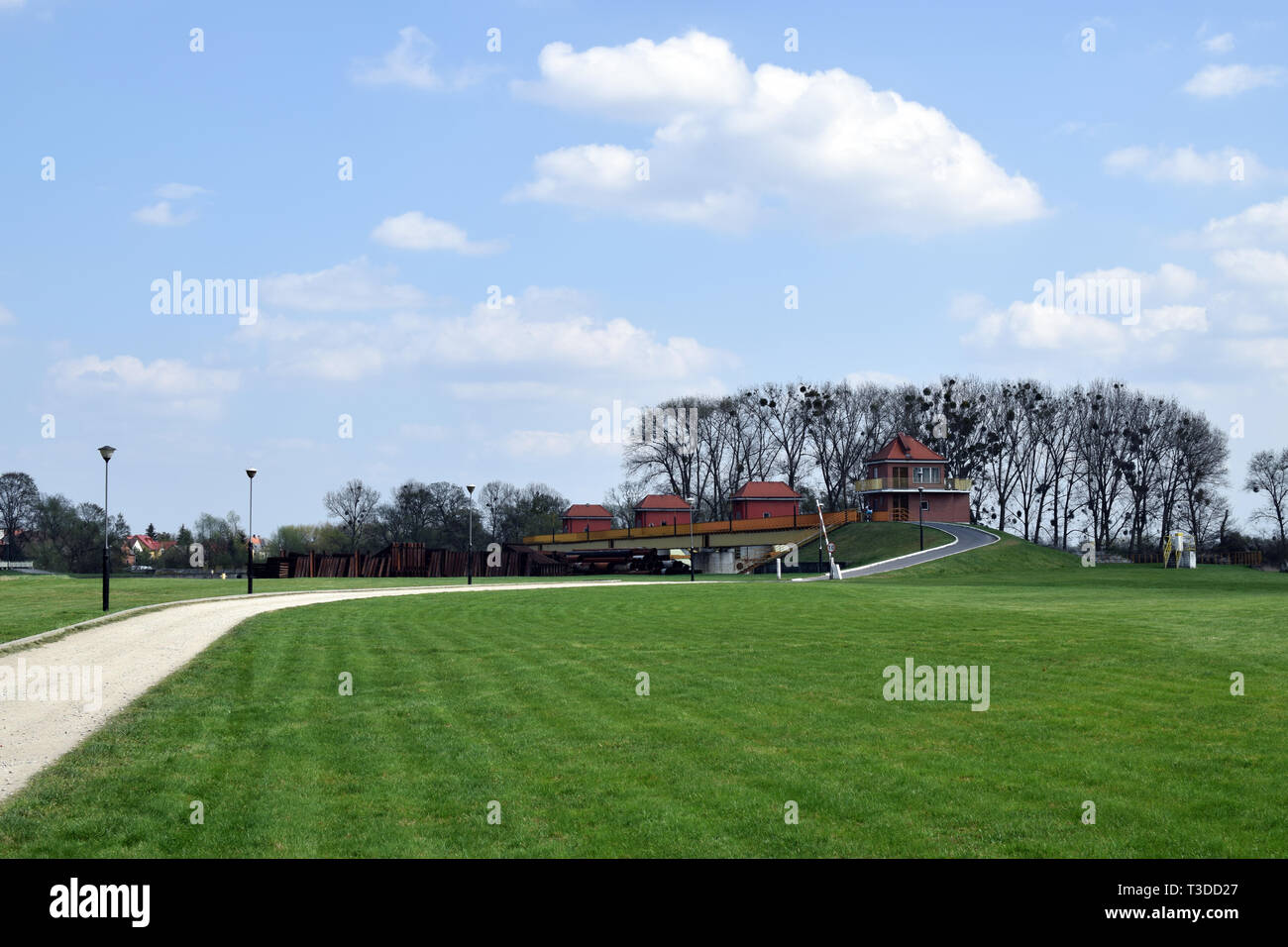 Weir - low head dam on the Odra river. Barrier across the horizontal ...