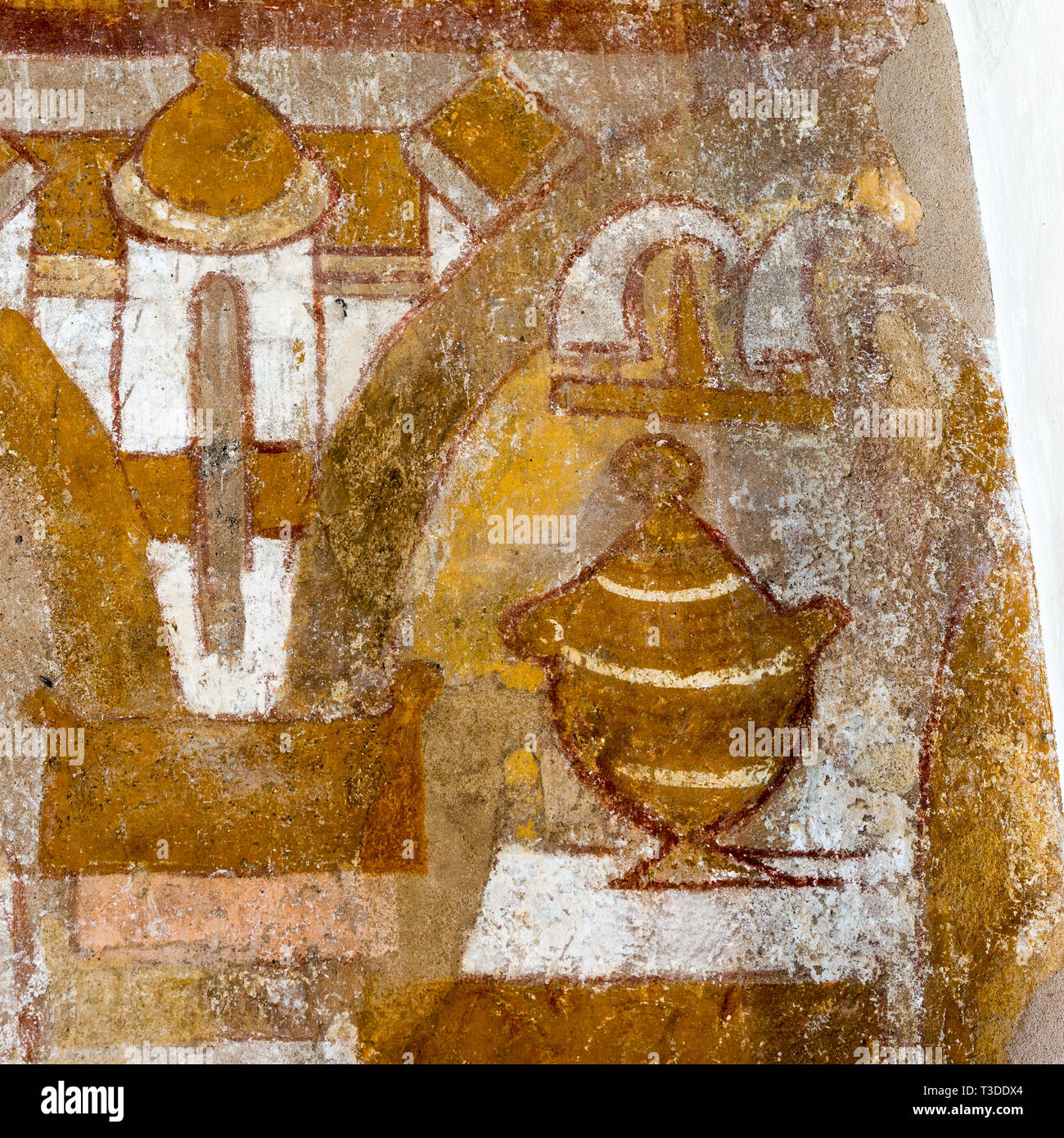 The holy grail on an altar, two horns and a byzantine church and a ...