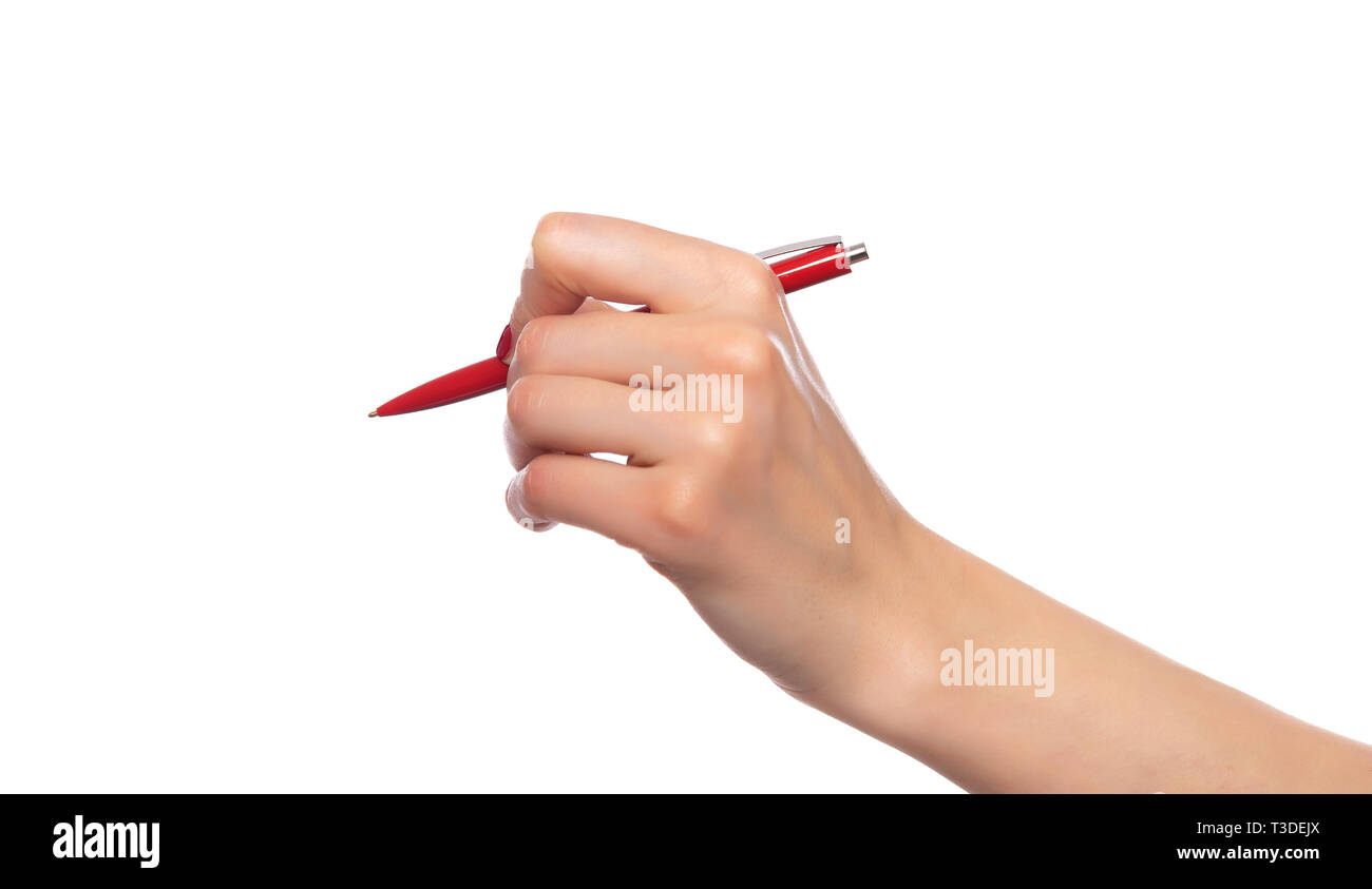 Female hand holding a pen on white background Stock Photo - Alamy
