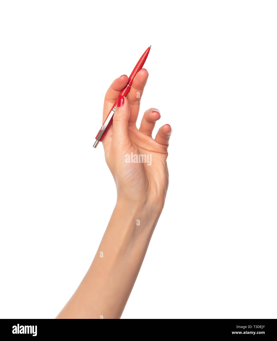 Female hand holding a pen on white background Stock Photo - Alamy