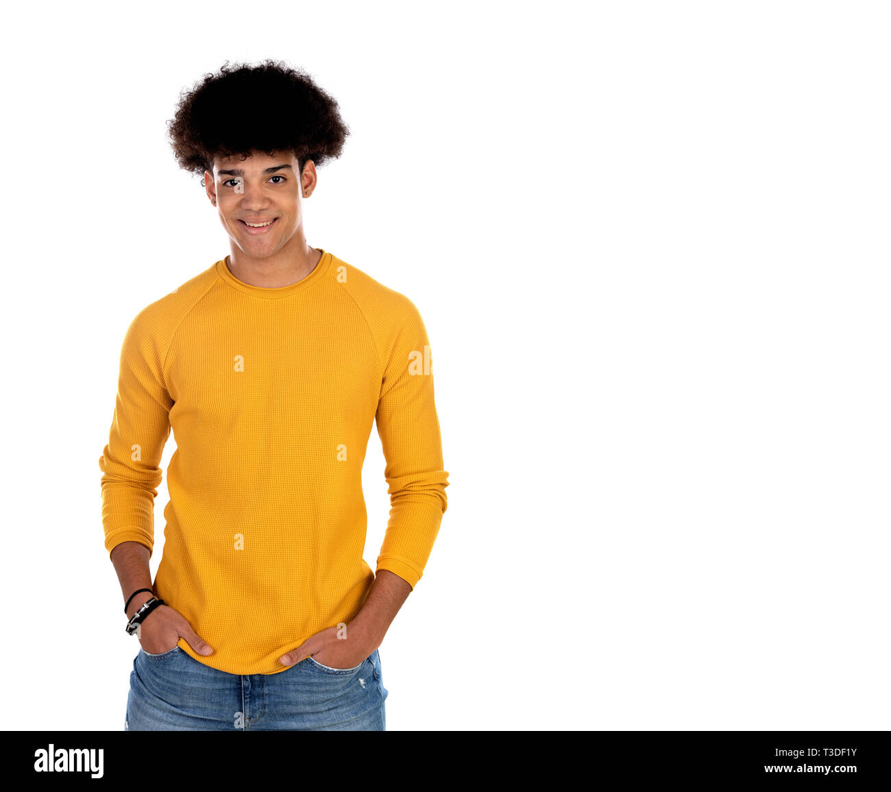 Teenager boy with yellow t-shirt isolated on a white background Stock ...