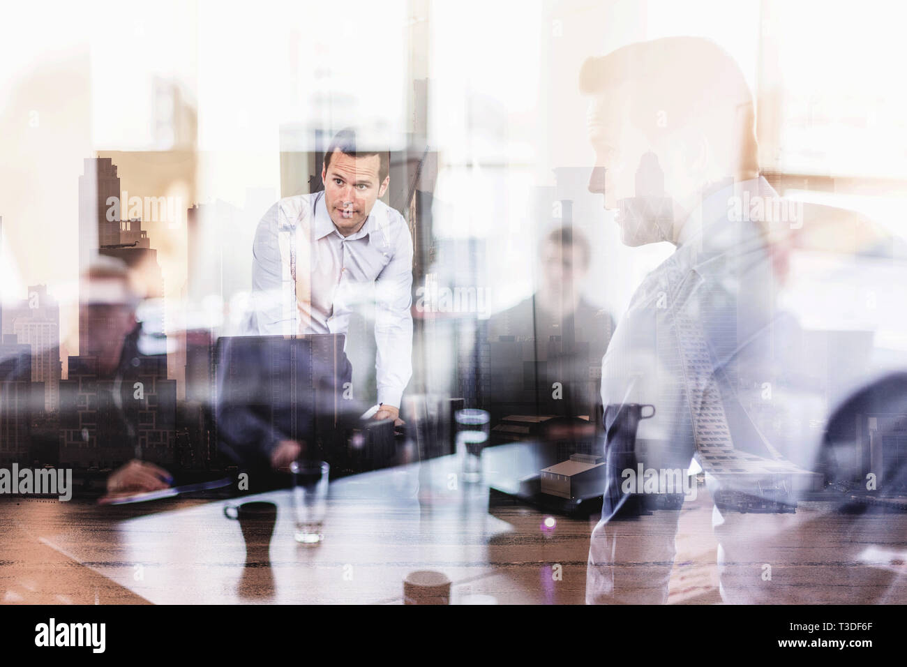 Business presentation on corporate office meeting against new york city ...