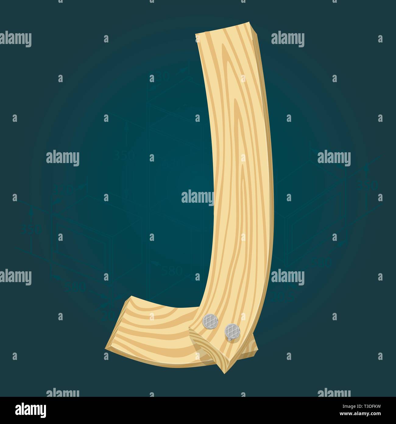 Letter J - stylized vector font made from wooden planks hammered with ...