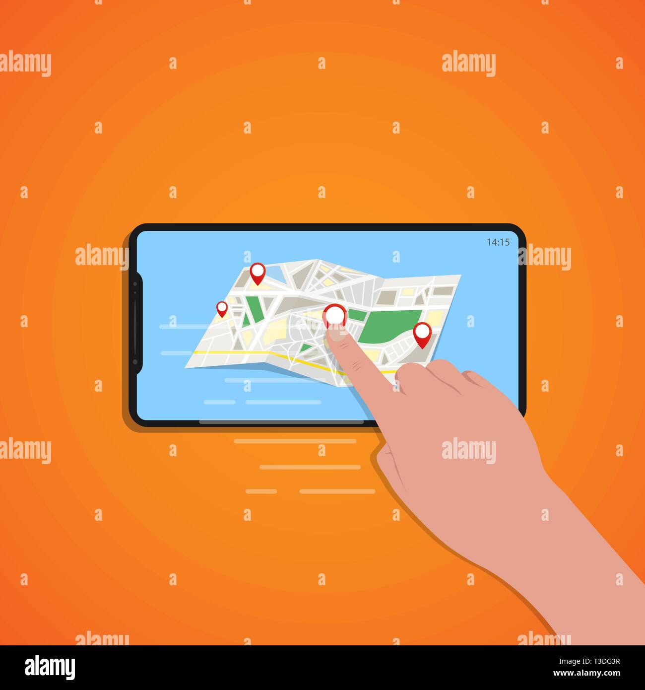 Finger touch of smartphone screen with location map, orange background ...