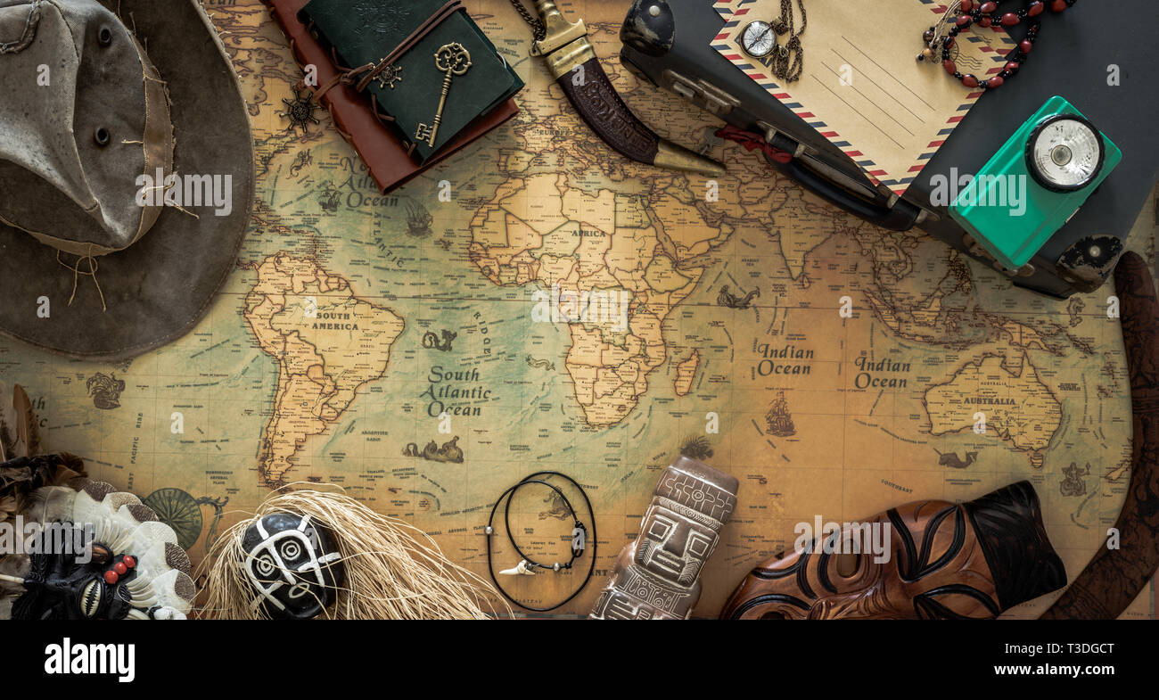 Old map, vintage travel equipment and souvenirs from the travel around ...