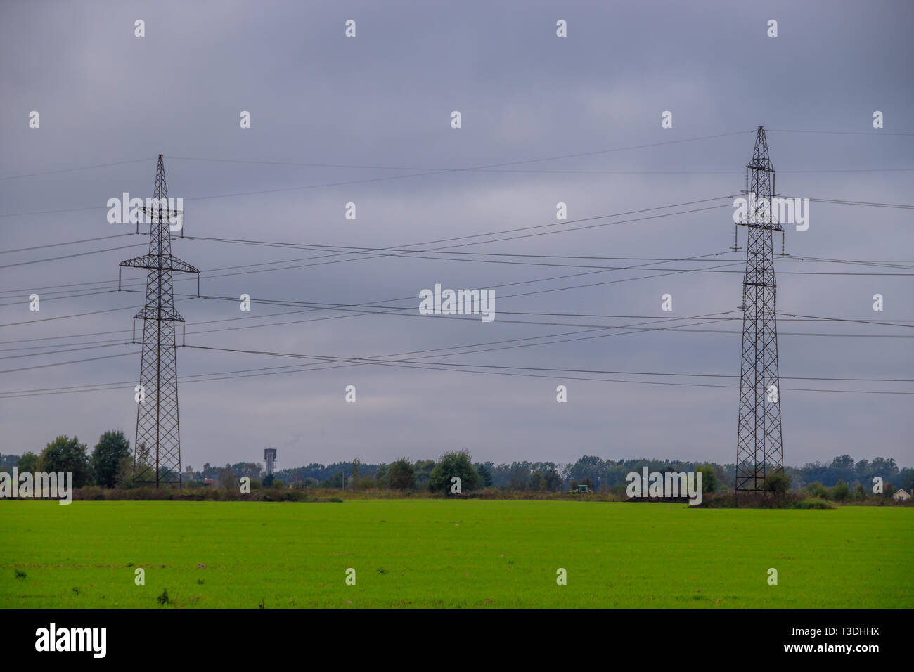 Electricity poles in the field. Electricity travels by wire. Russian ...