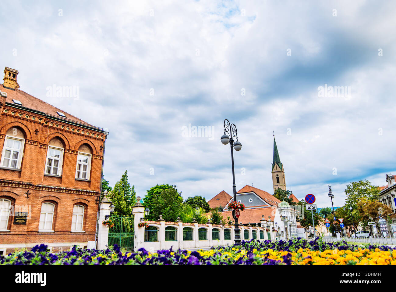 cityscape view of zagreb. street with flowers church tower on ...
