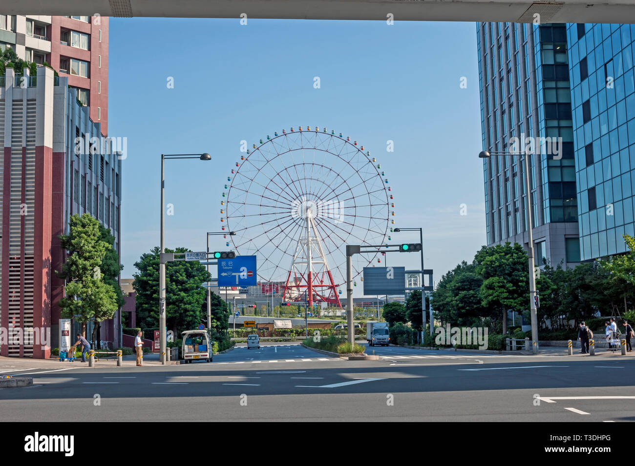 Entrance to Kaihin Park with view of Ferris wheel, Tokyo Bay, Tokyo ...