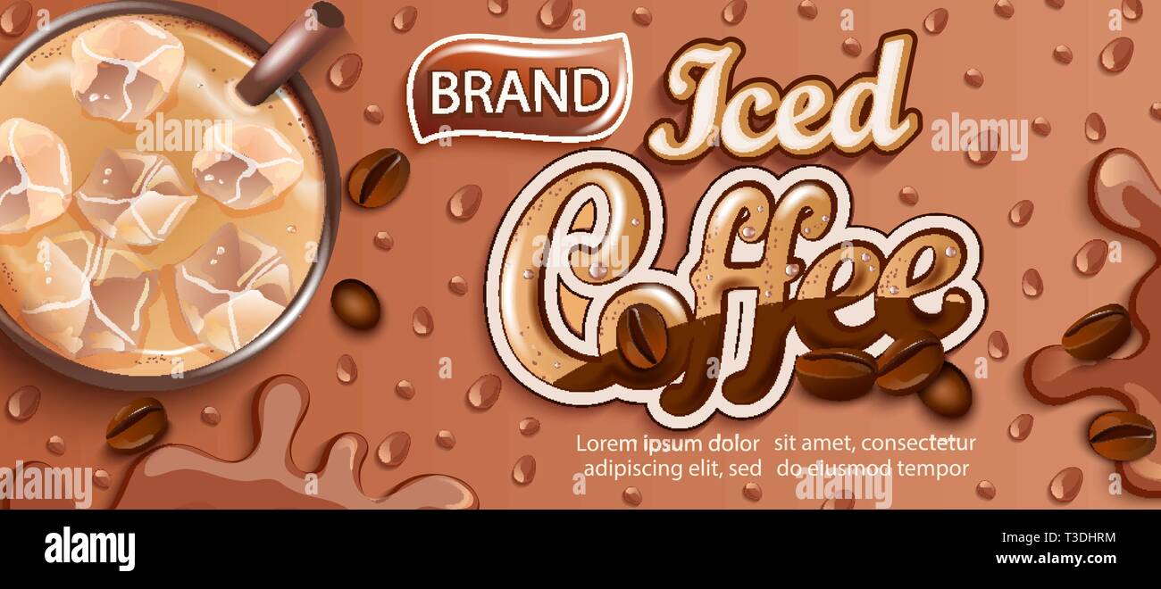 Iced coffee banner with splashing drink, ice cubes and cinnamon, coffee ...