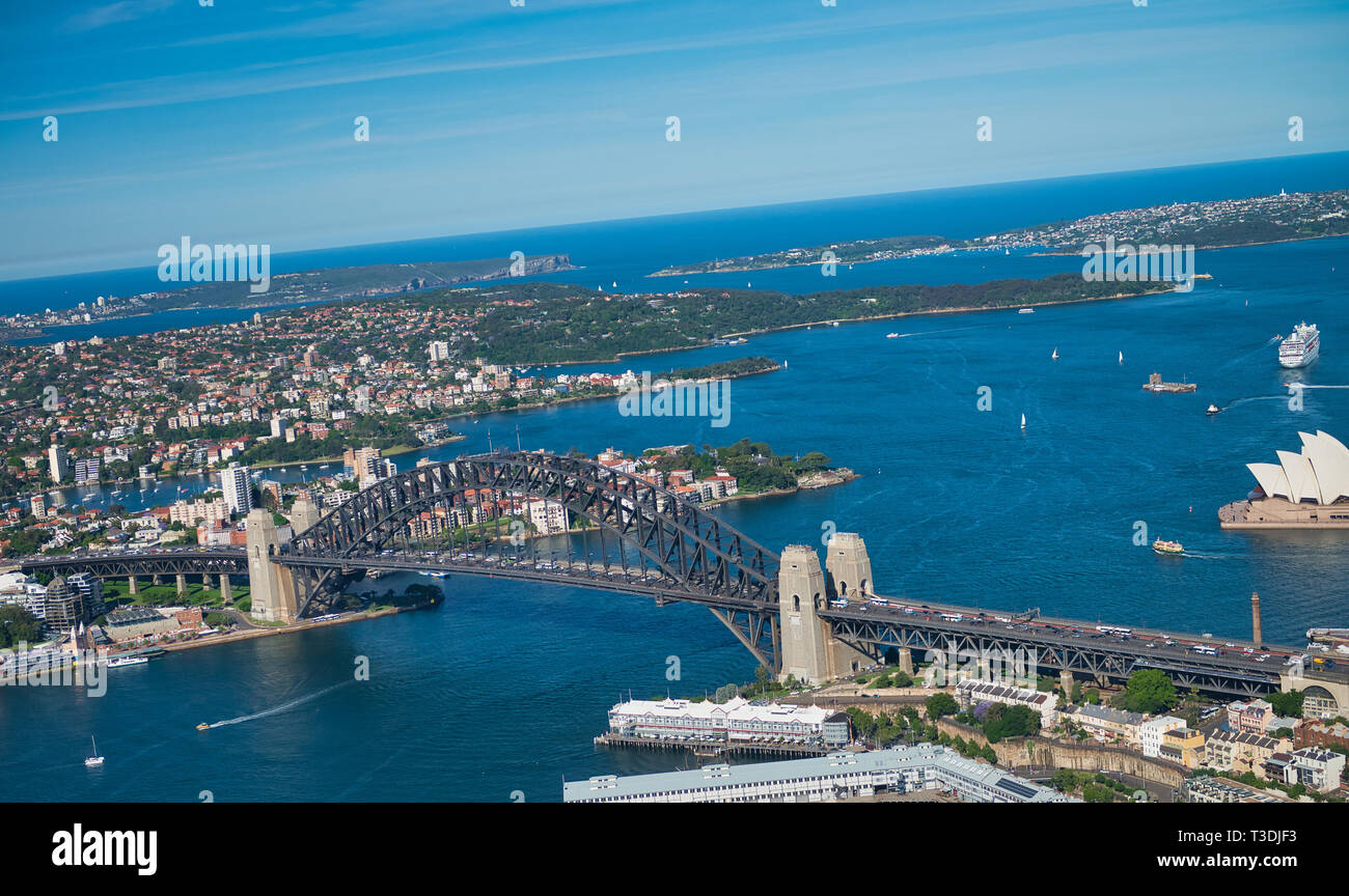 Aerial view of Sydney Harbor Bridge, city symbol, Australia Stock Photo ...