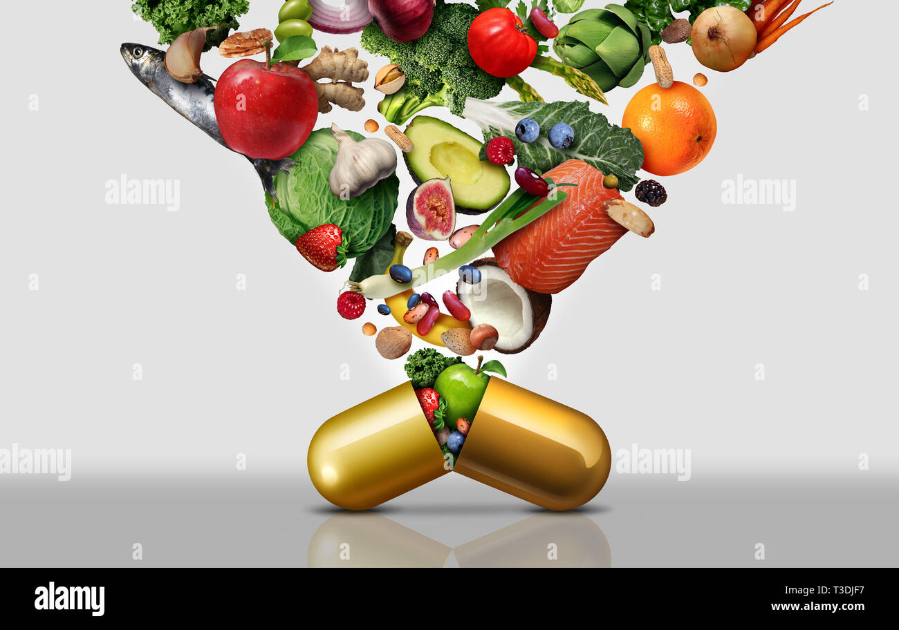 Vitamin dietary supplement as a capsule with fruit vegetables nuts and ...