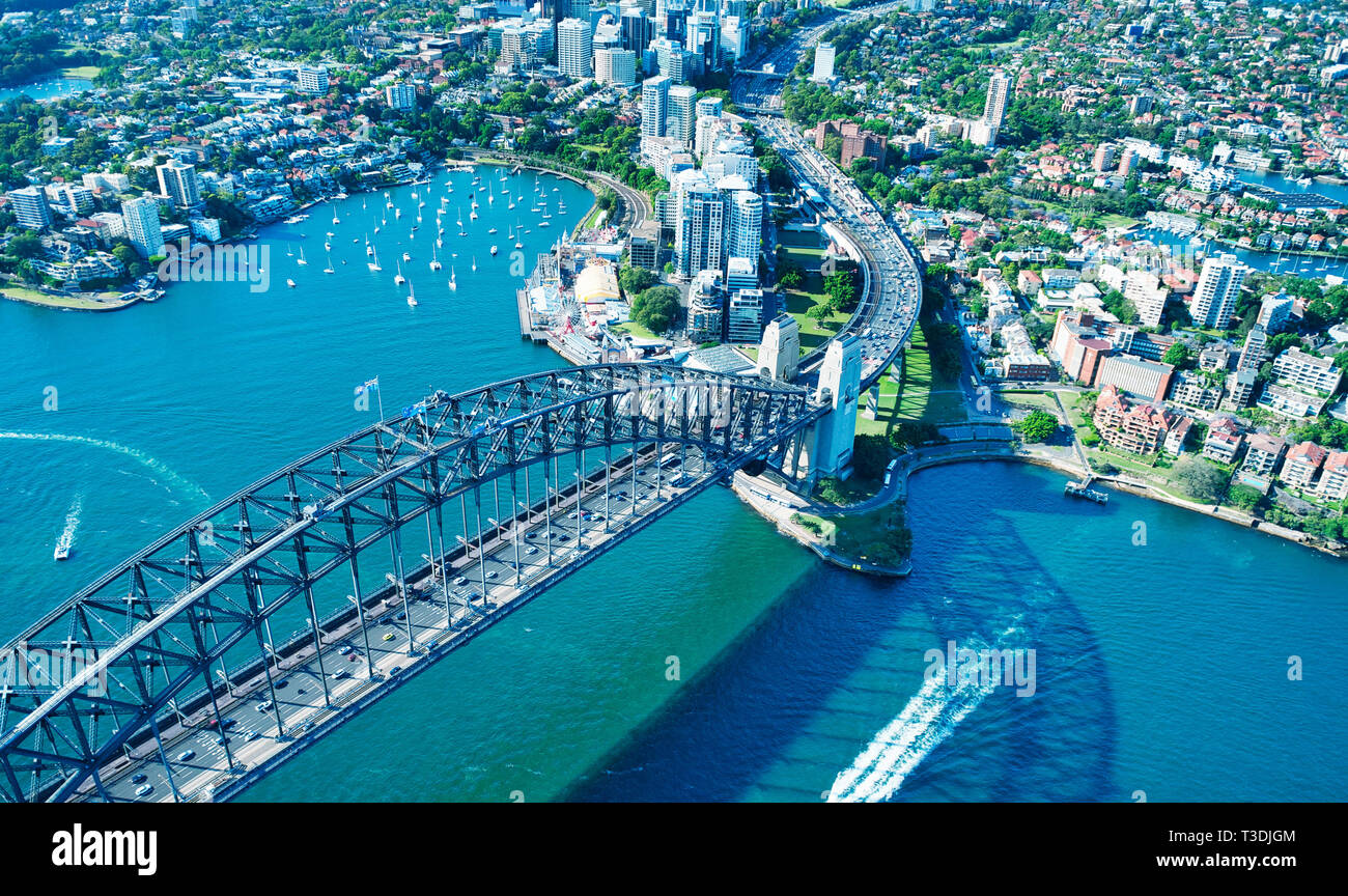 Aerial view of Sydney Harbor Bridge, city symbol, Australia Stock Photo ...