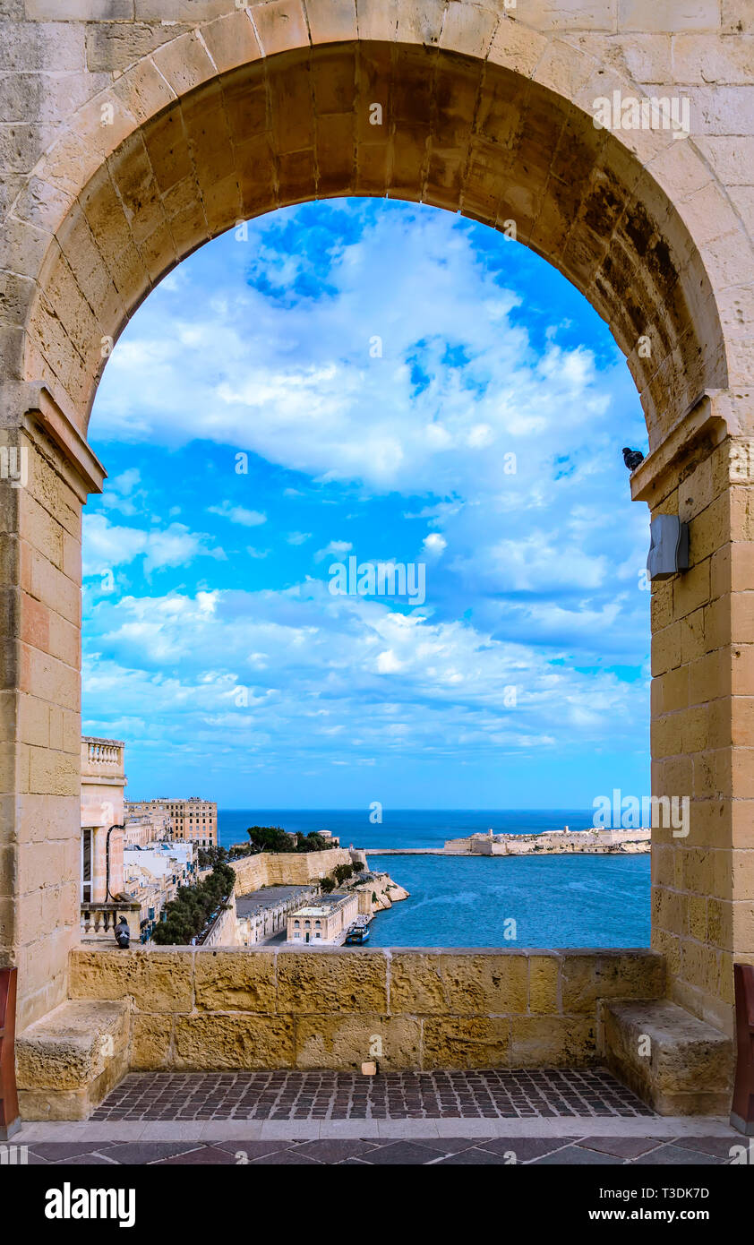 Valletta, Malta: Arch with a view over Grand Harbor and the city of ...