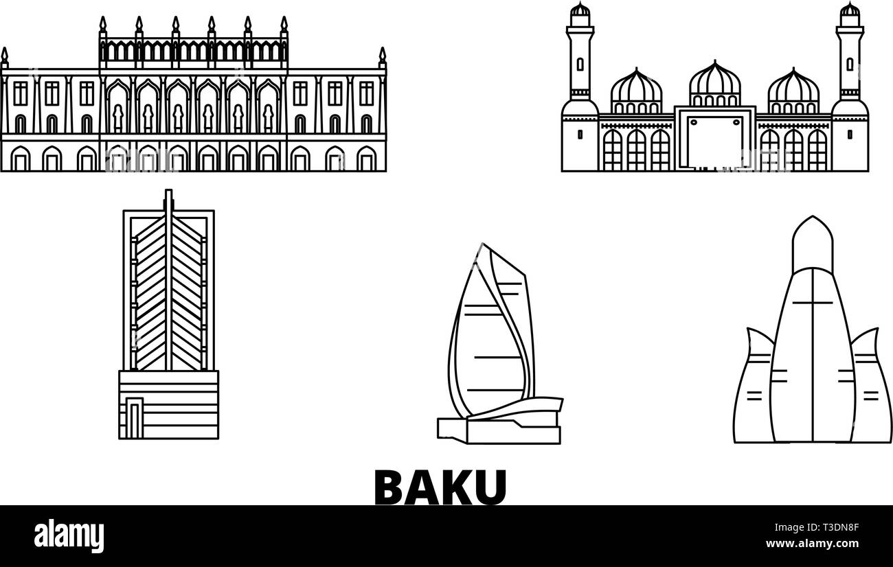 Azerbaijan, Baku line travel skyline set. Azerbaijan, Baku outline city ...