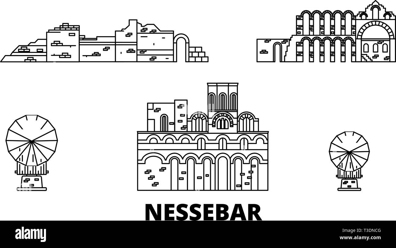 Bulgaria, Nessebar line travel skyline set. Bulgaria, Nessebar outline ...