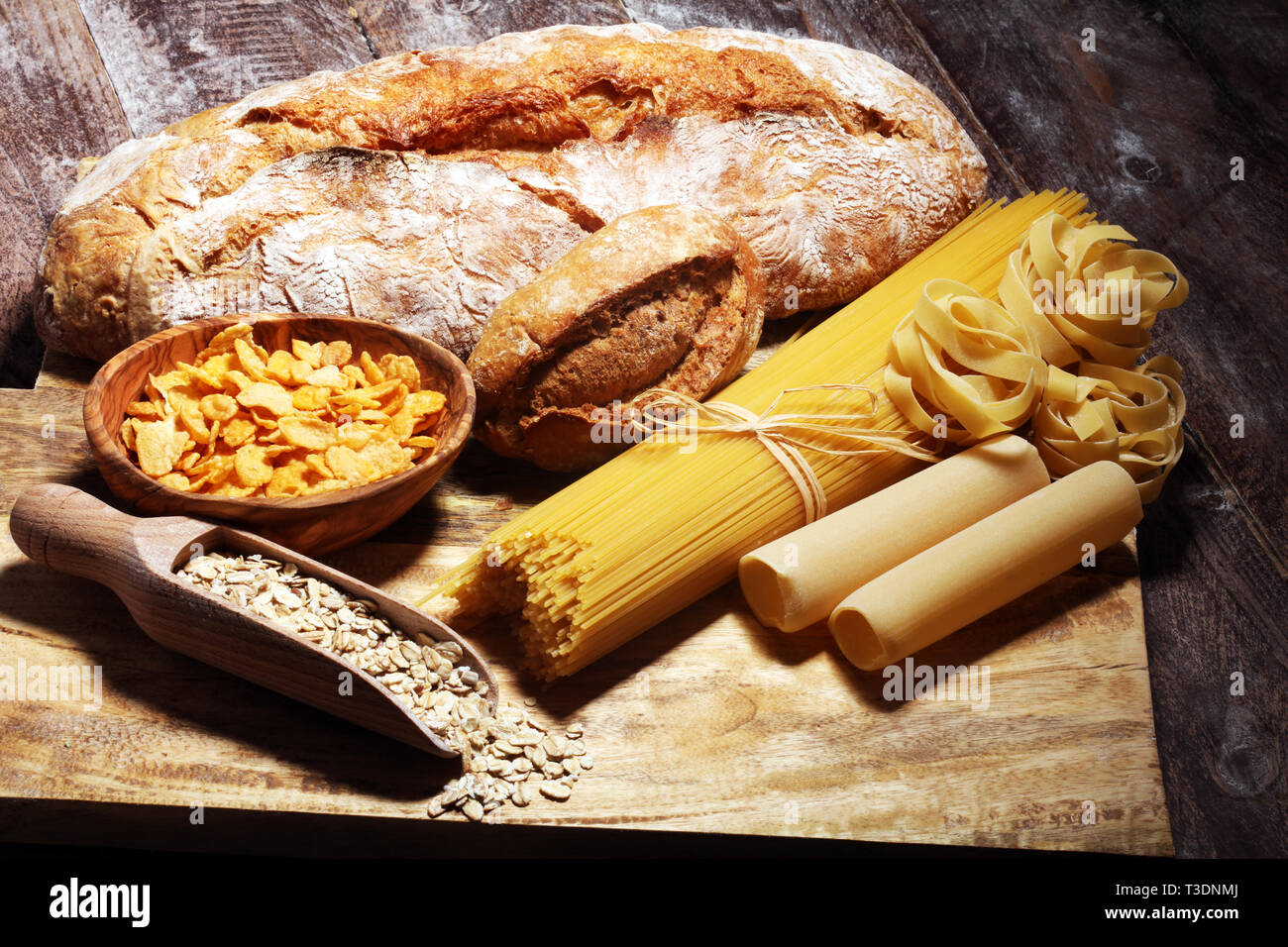 whole grain products with complex carbohydrates on rustic table Stock ...