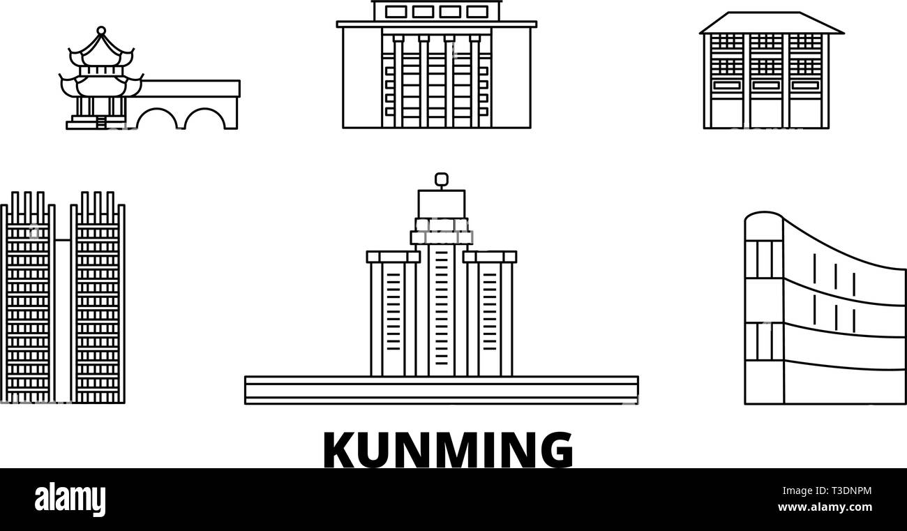 China, Kunming line travel skyline set. China, Kunming outline city ...