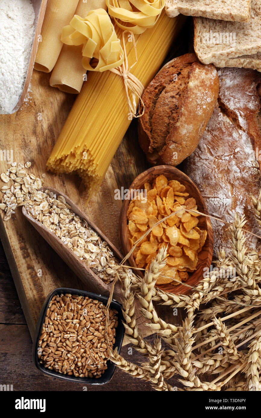 whole grain products with complex carbohydrates on rustic table Stock ...