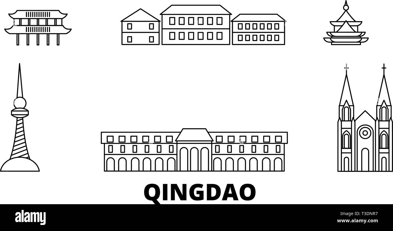 China, Qingdao line travel skyline set. China, Qingdao outline city ...
