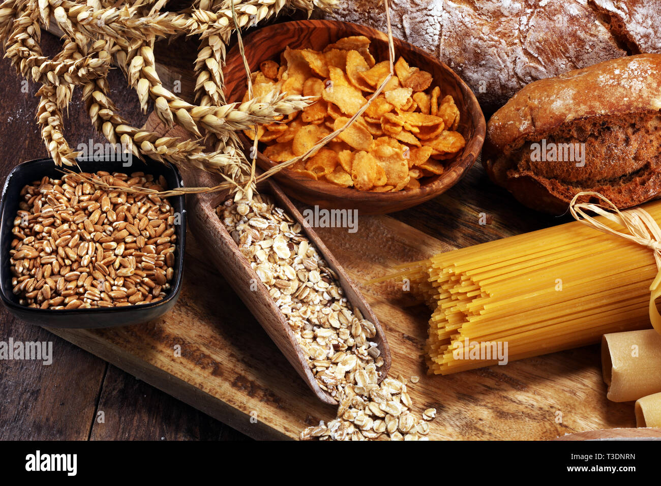 whole grain products with complex carbohydrates on rustic table Stock ...