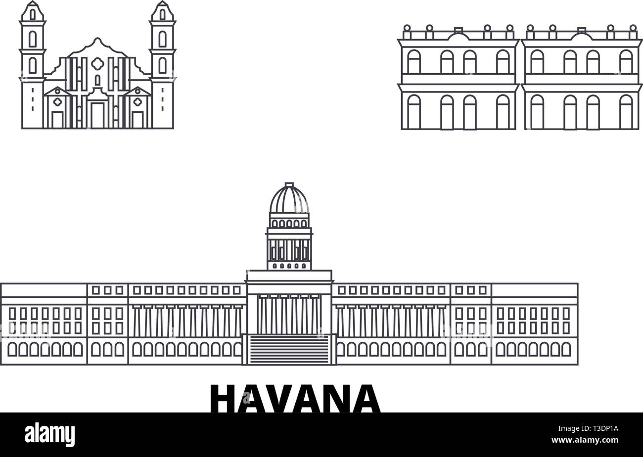 Cuba, Havana City line travel skyline set. Cuba, Havana City outline ...