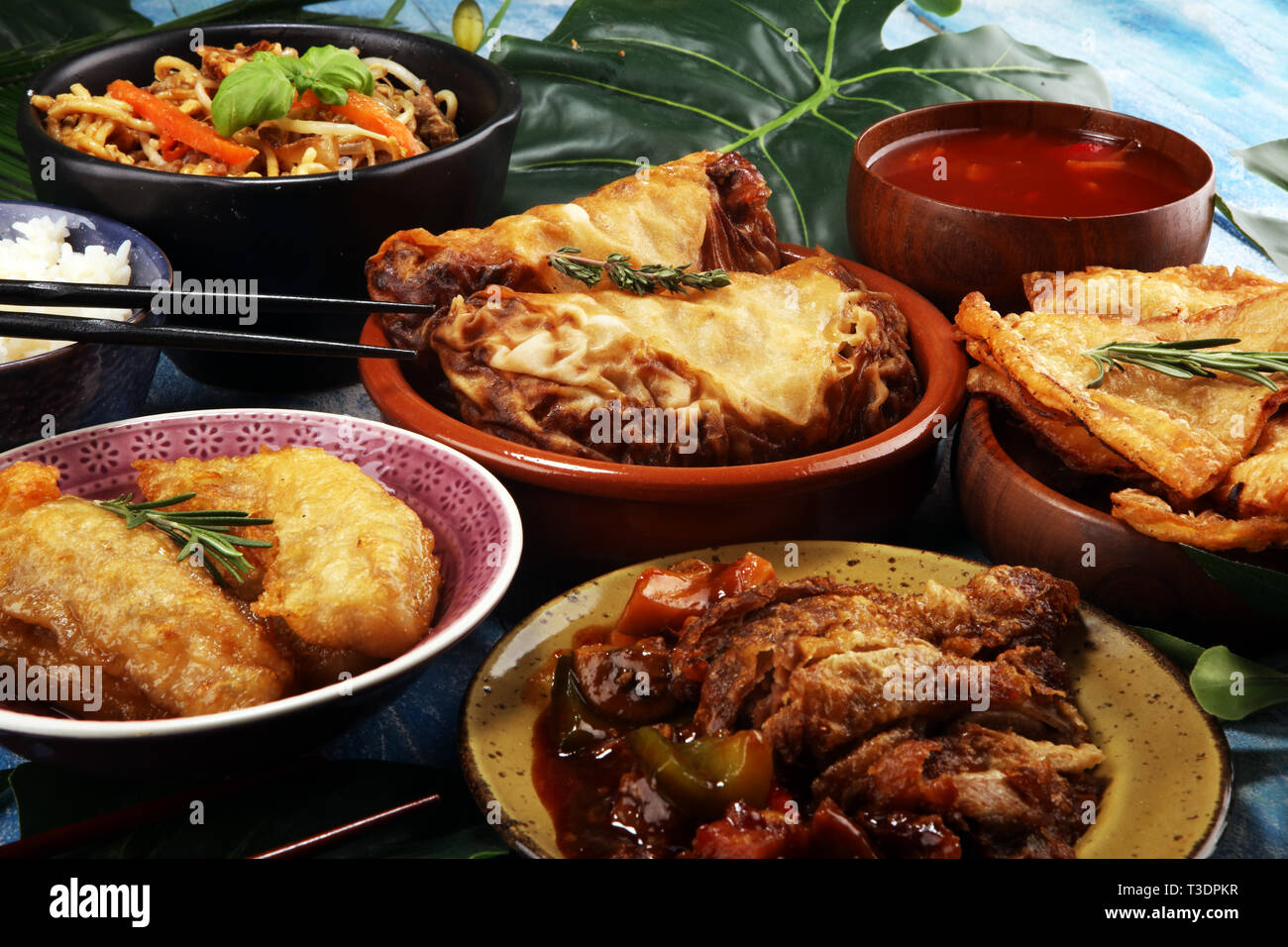 Assorted Chinese food set. Chinese noodles, fried rice, peking duck ...