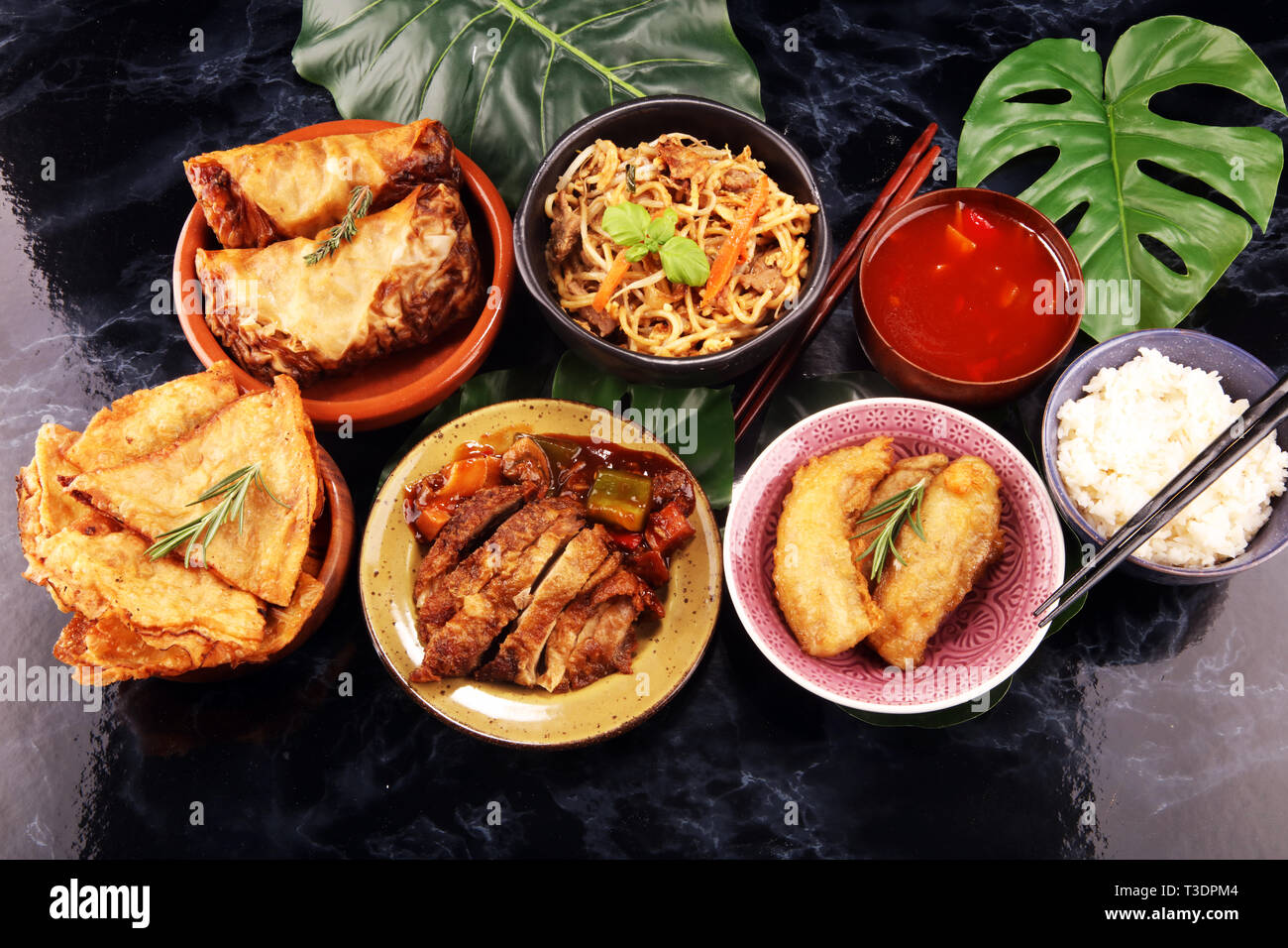 Assorted Chinese food set. Chinese noodles, fried rice, peking duck ...