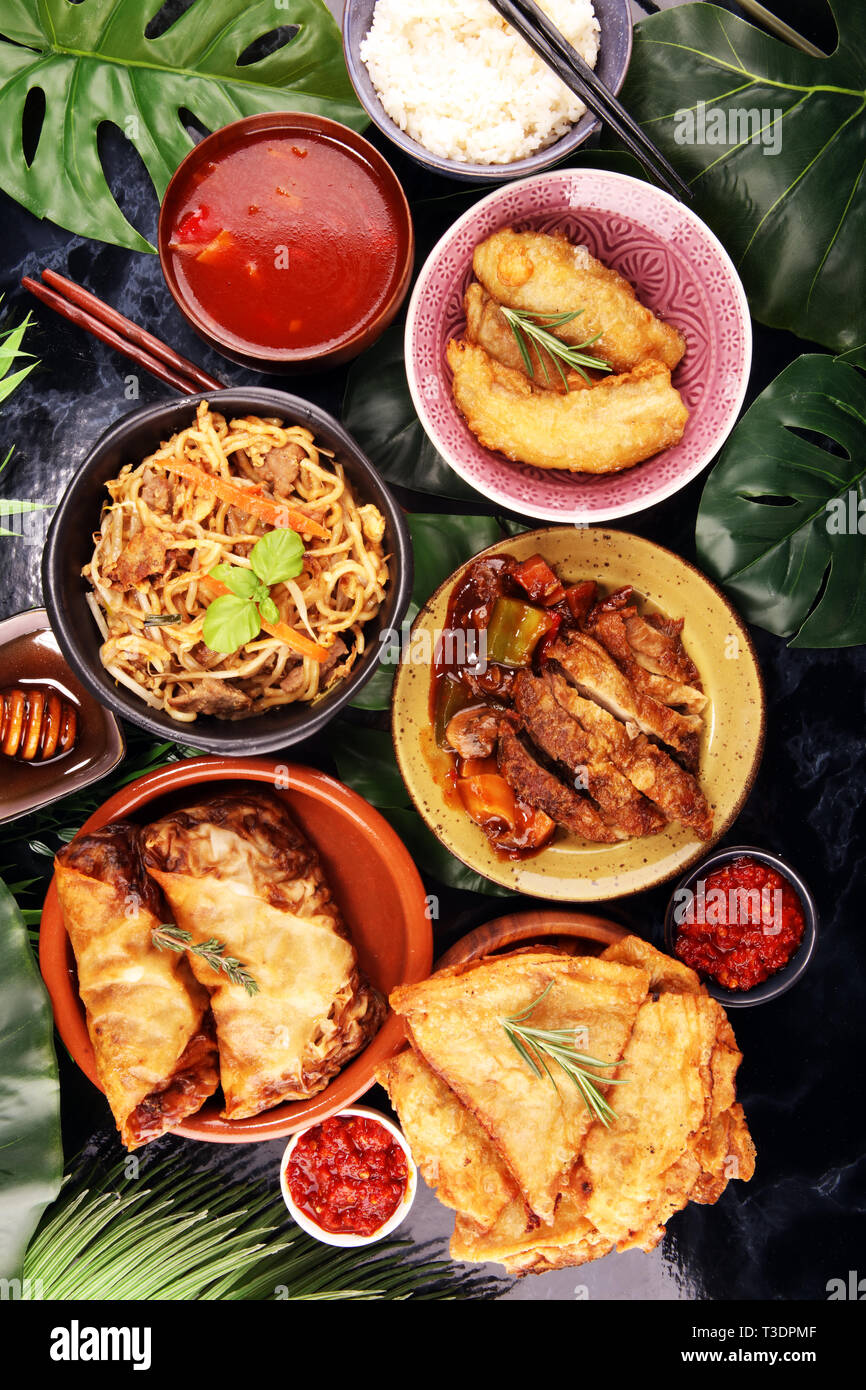 Assorted Chinese food set. Chinese noodles, fried rice, peking duck ...