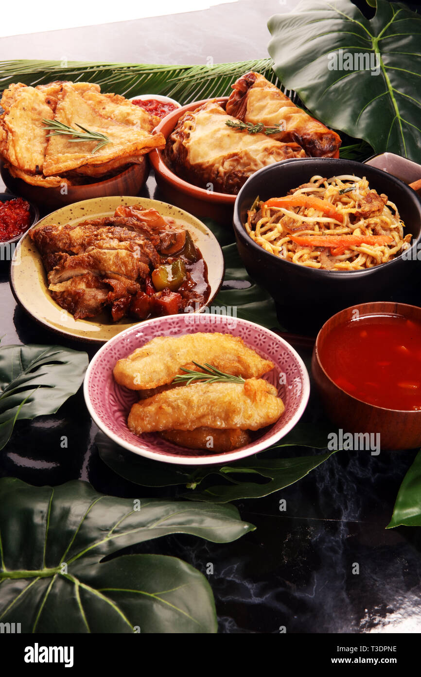 Assorted Chinese food set. Chinese noodles, fried rice, peking duck ...