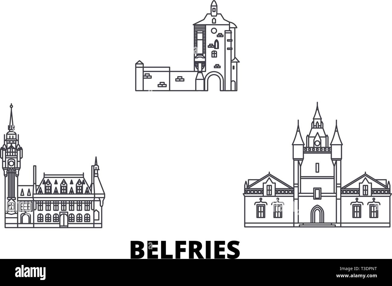 France, Belfries line travel skyline set. France, Belfries outline city ...