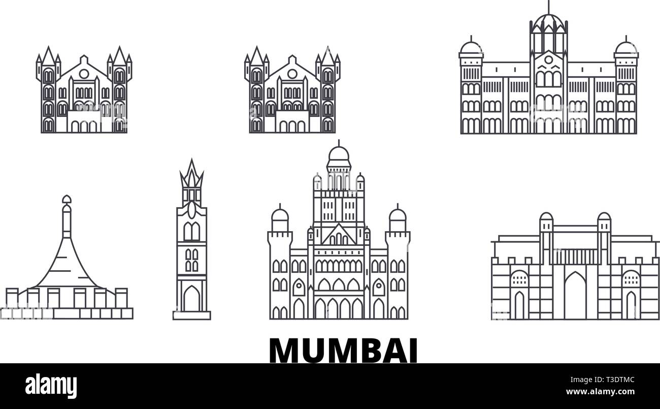 India, Mumbai 2 line travel skyline set. India, Mumbai 2 outline city ...