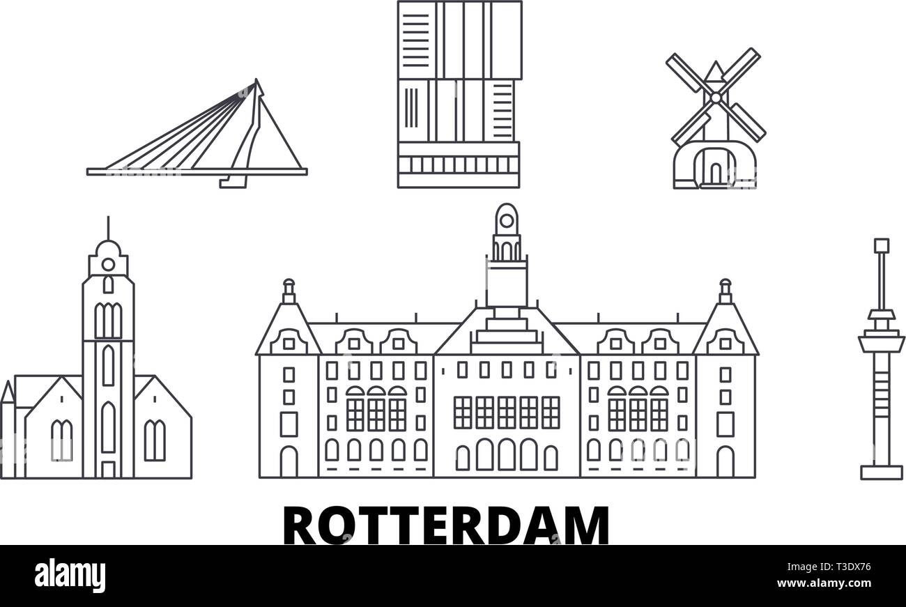 Netherlands, Rotterdam line travel skyline set. Netherlands, Rotterdam ...