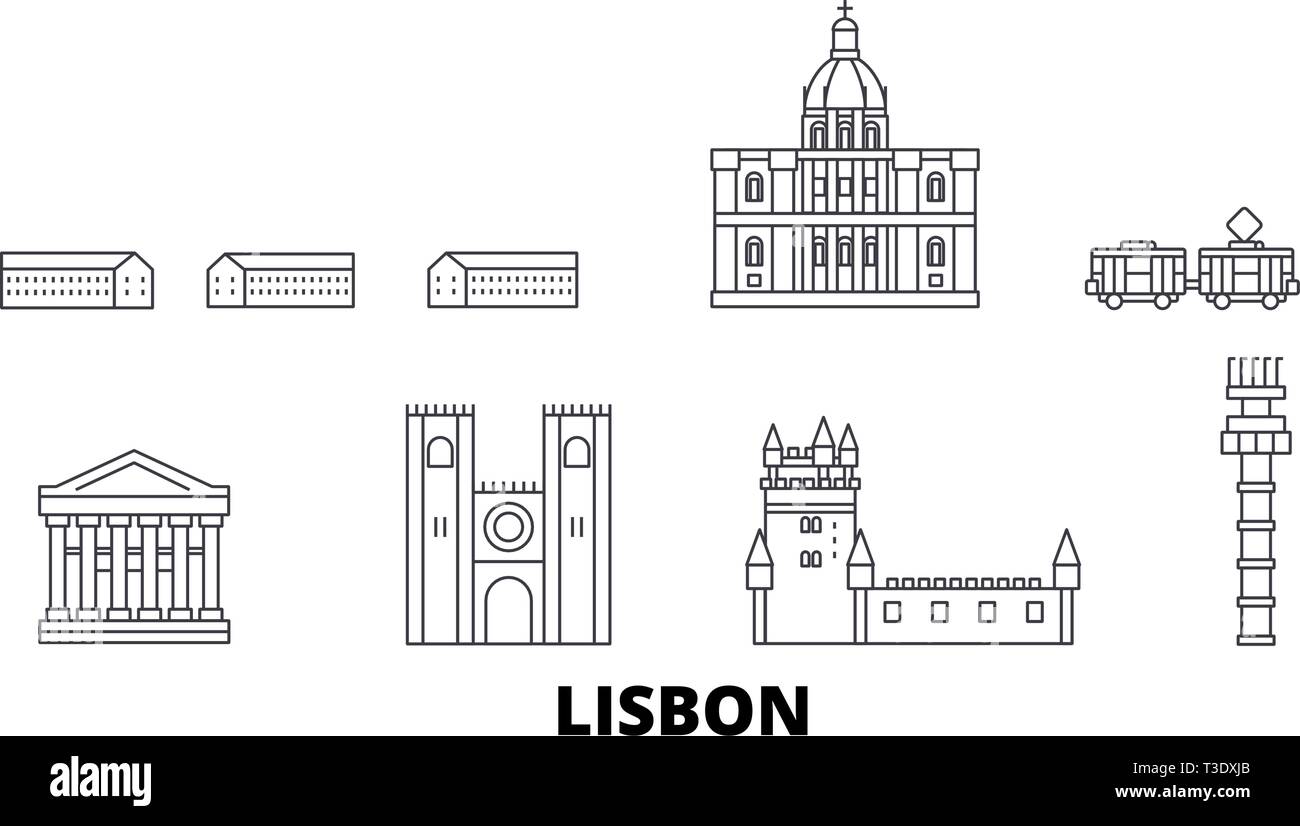 Portugal, Lisbon line travel skyline set. Portugal, Lisbon outline city ...