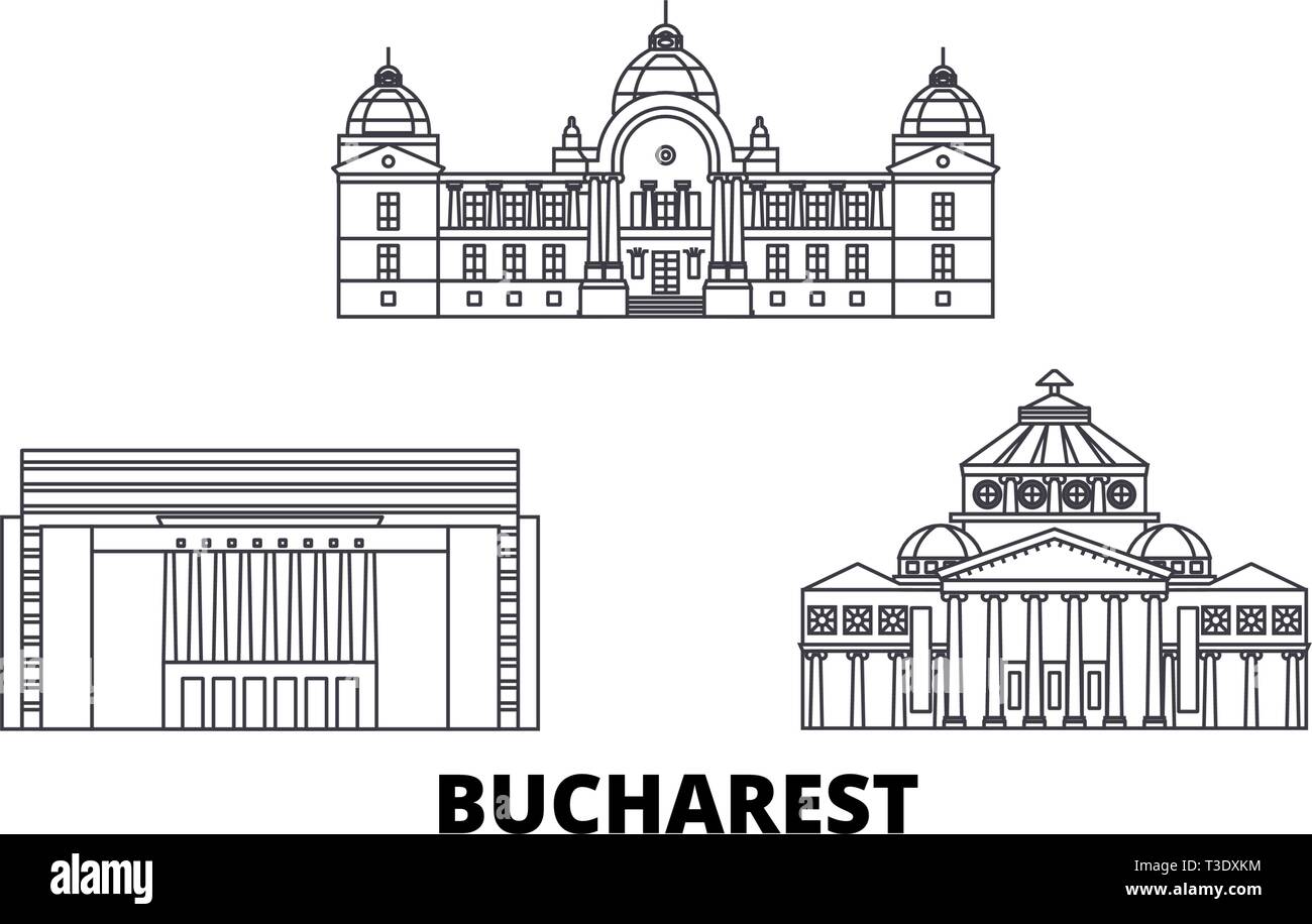 Romania, Bucharest line travel skyline set. Romania, Bucharest outline ...