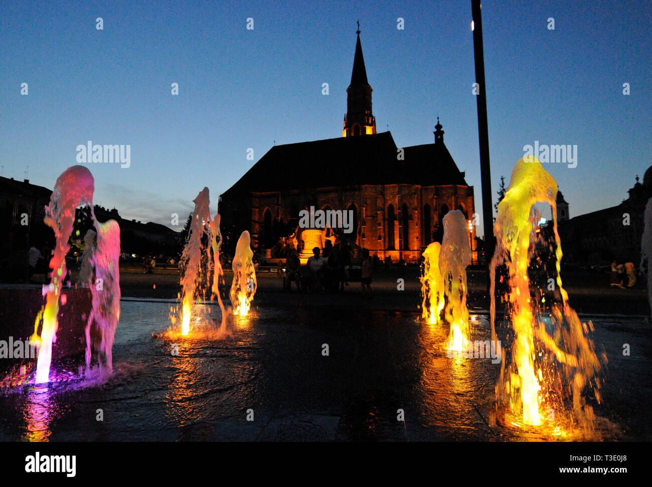 St. Michael's Church at Unirii Square (Union Square) at twilight. Cluj ...