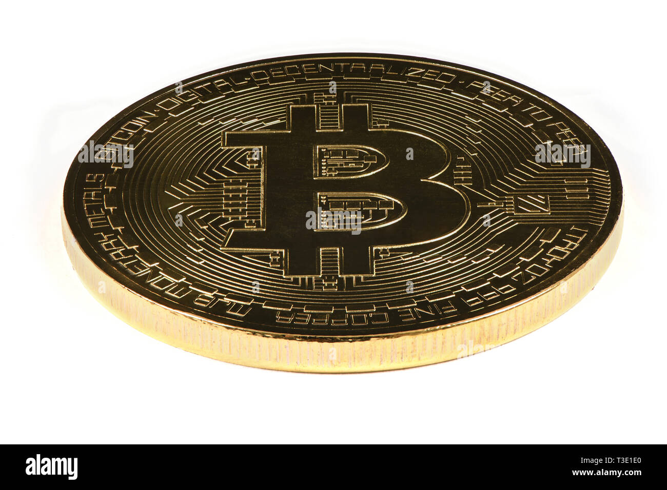 Golden bitcoin isolated on white background. Front and back sides are ...