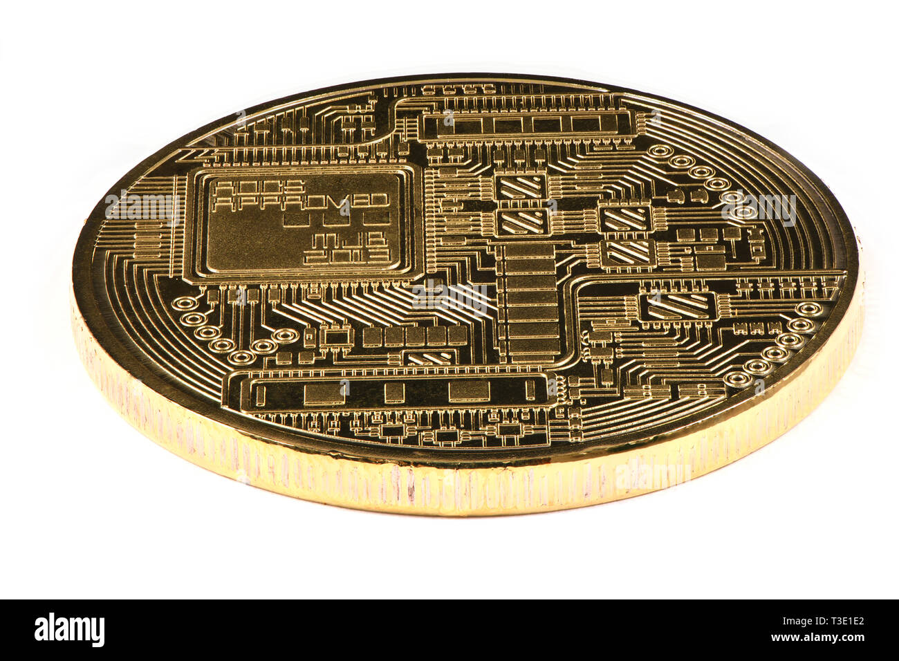 Golden bitcoin isolated on white background. Front and back sides are ...