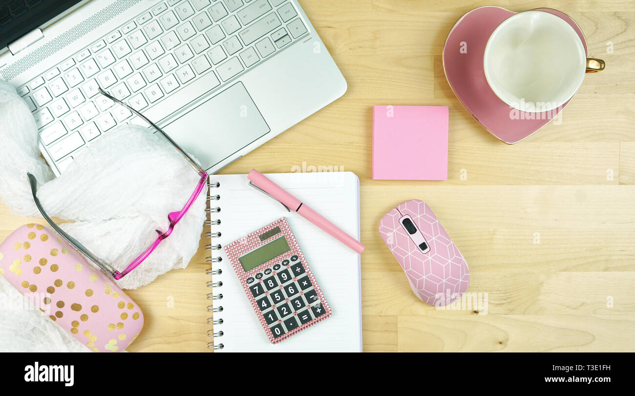 Feminine desk and workspace with modern touch-screen laptop with pink ...