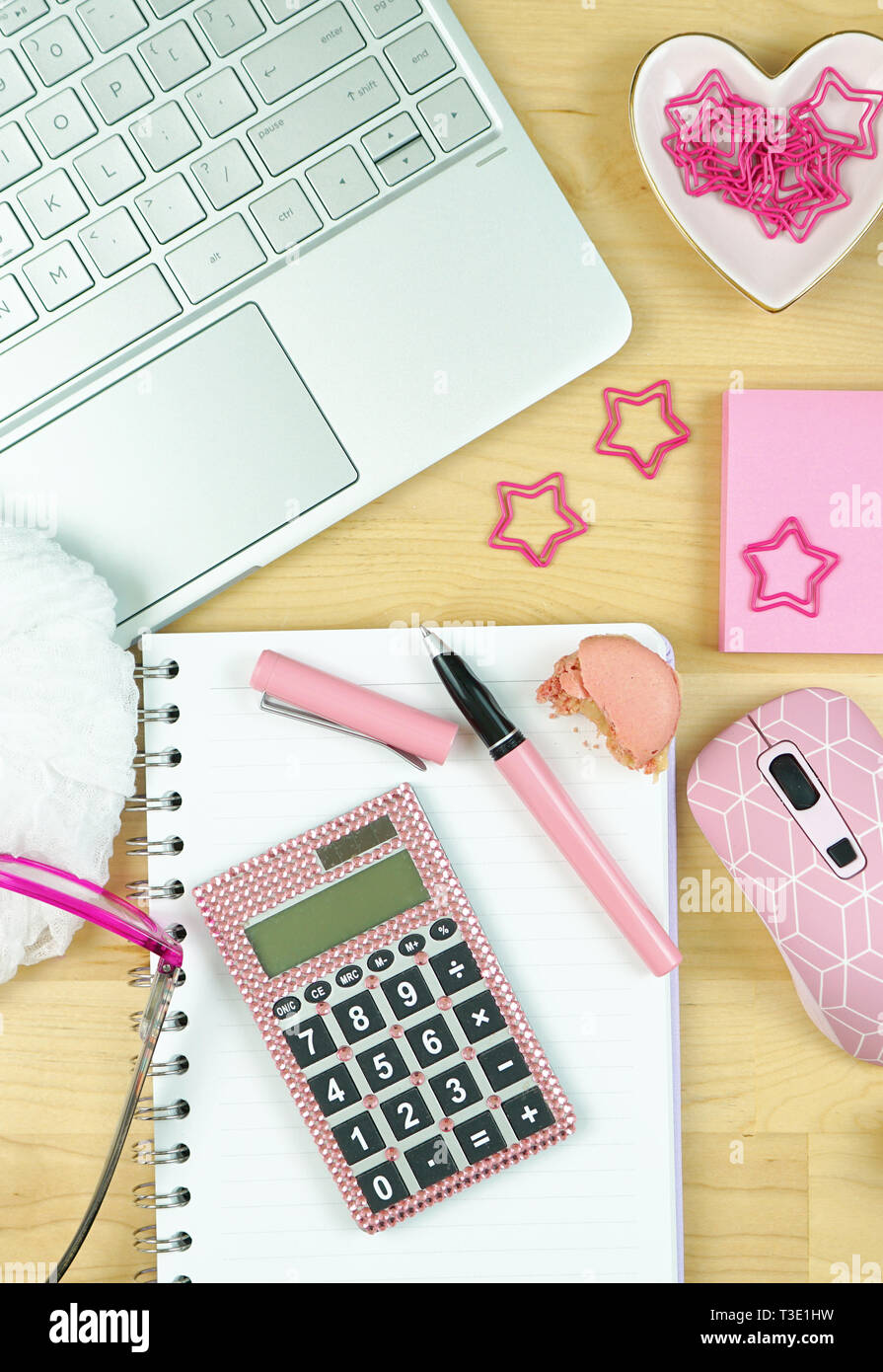 Feminine desk and workspace with modern touch-screen laptop with pink ...