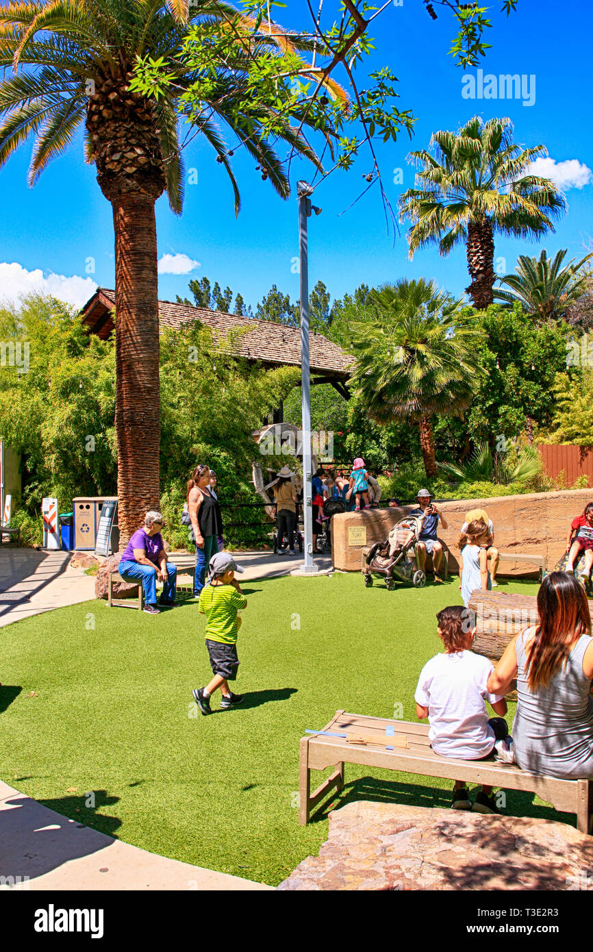 Children and parents having fun at a rest stop in Reid Park Zoo in ...
