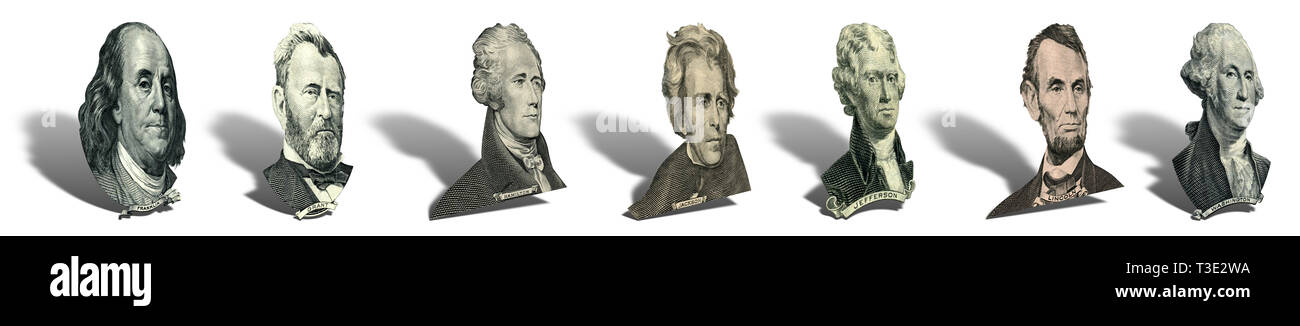 Portraits of America presidents and politicians from dollars isolated ...