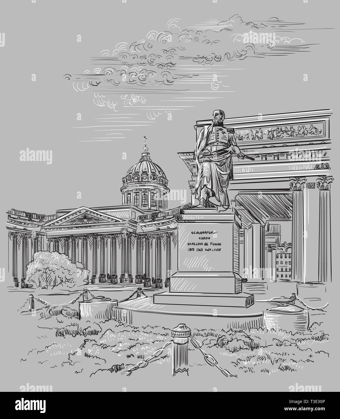 Cityscape of Kazan Cathedral in St. Petersburg, Russia and monument to ...