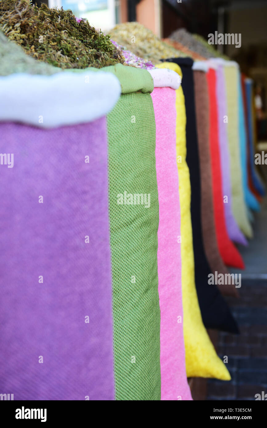 Colorful sacks of herbs and spices in the colorful market in Marrakesh ...