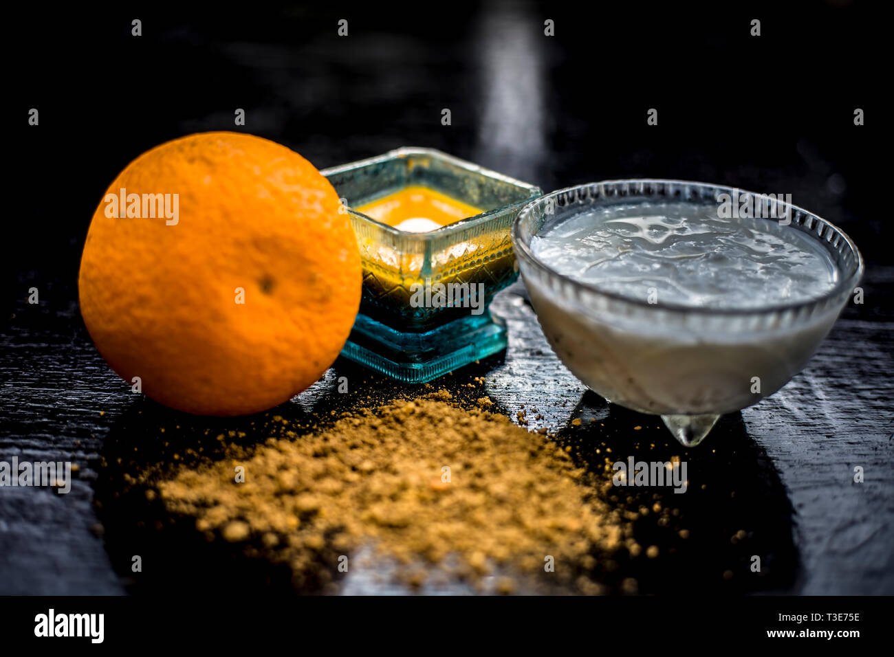 Close up of skin whitening method or remedy i.e. raw orange dried skin ...