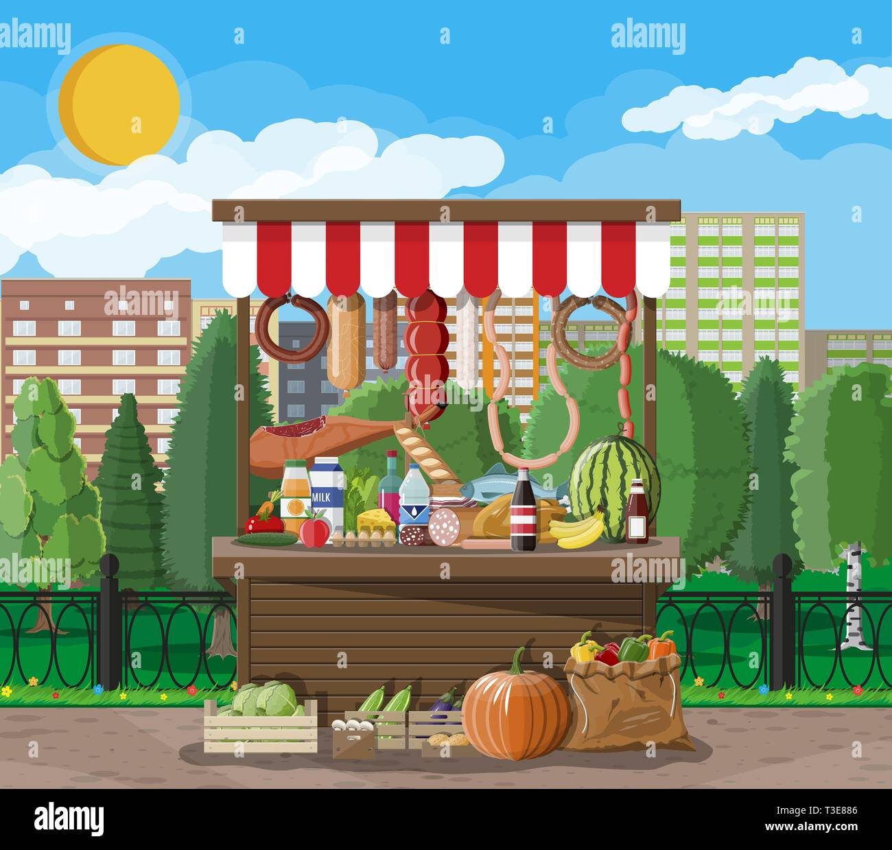 Traditional market wooden food stall full of food with crates. City ...