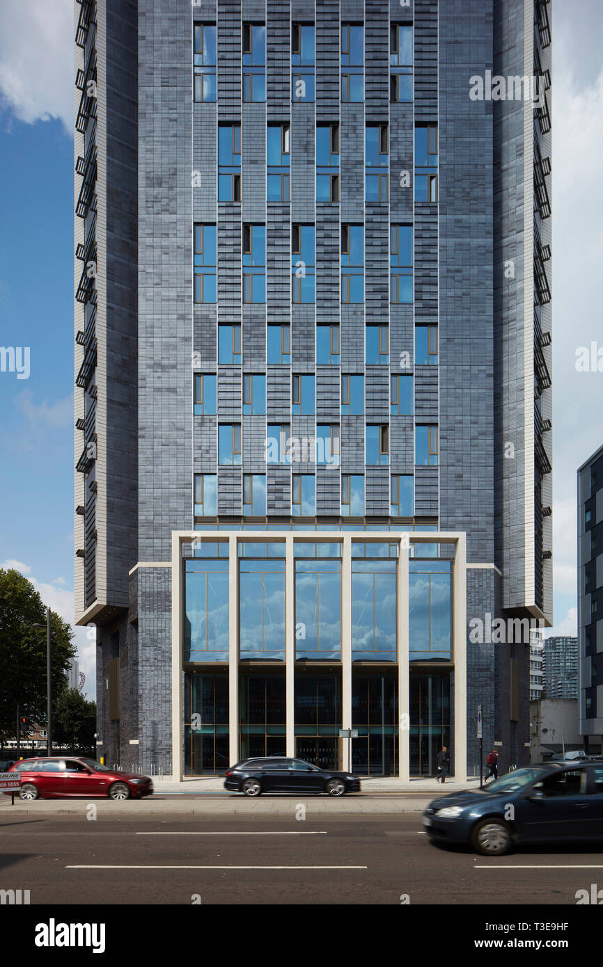 Wide square shot of portico. Stratford Tower, London, United Kingdom ...