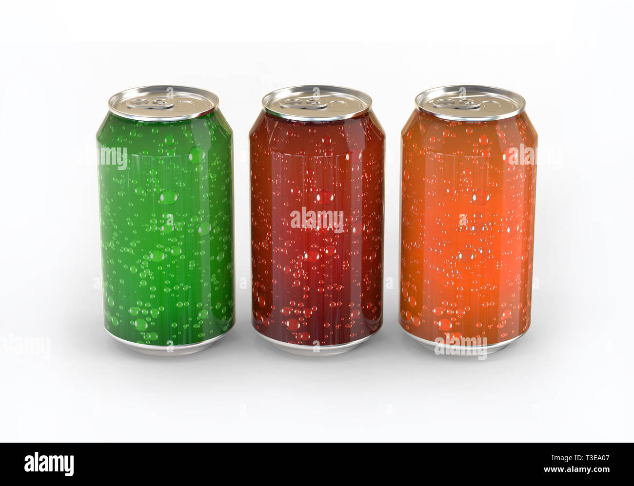 Three cans of colored carbonated drinks isolated on white background ...