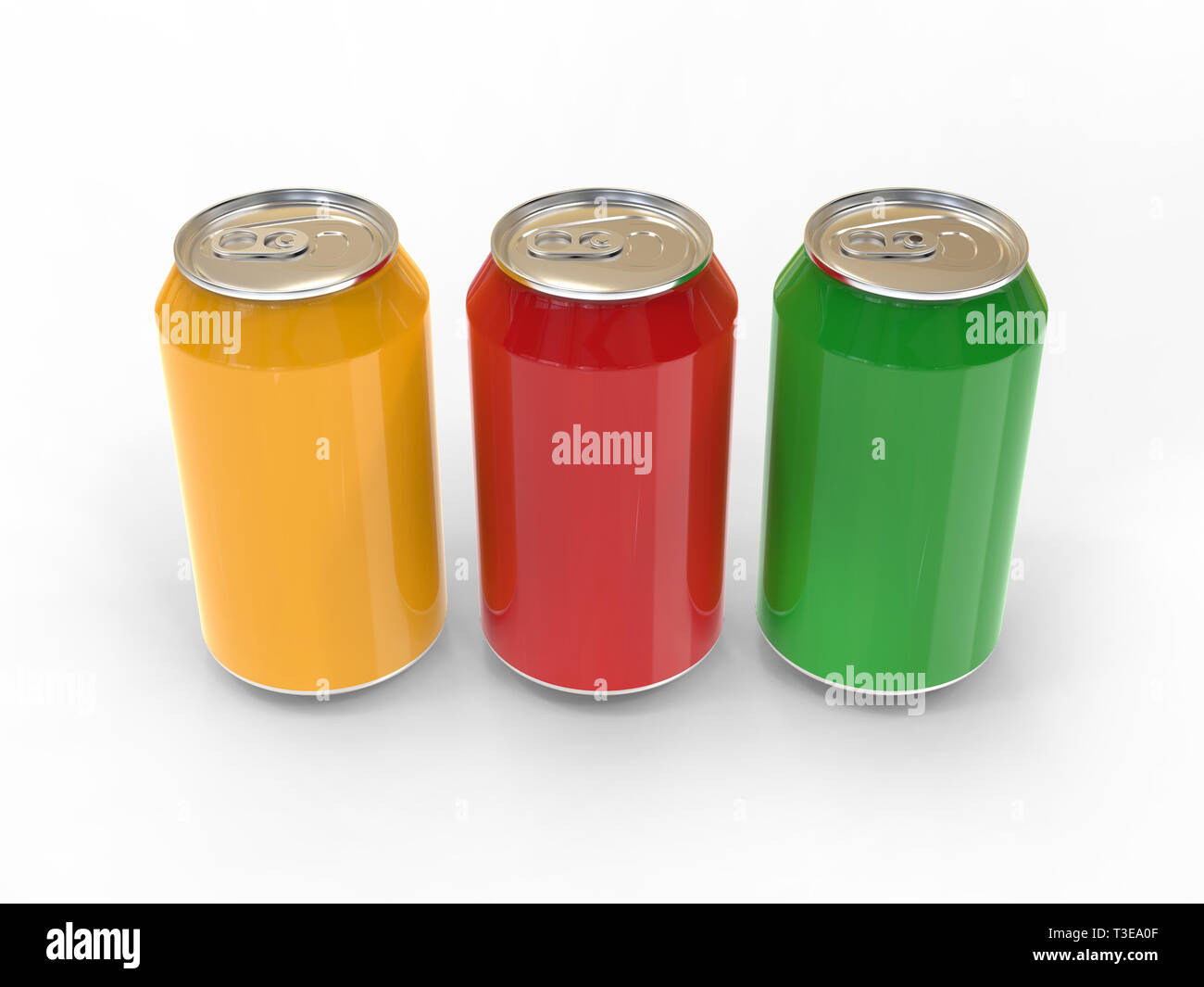 Three cans of colored carbonated drinks isolated on white background ...
